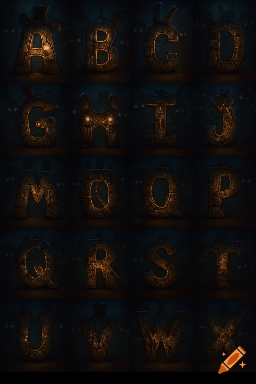 A full invented alphabet A-Z in a metallic, glowing, fantasy style ...