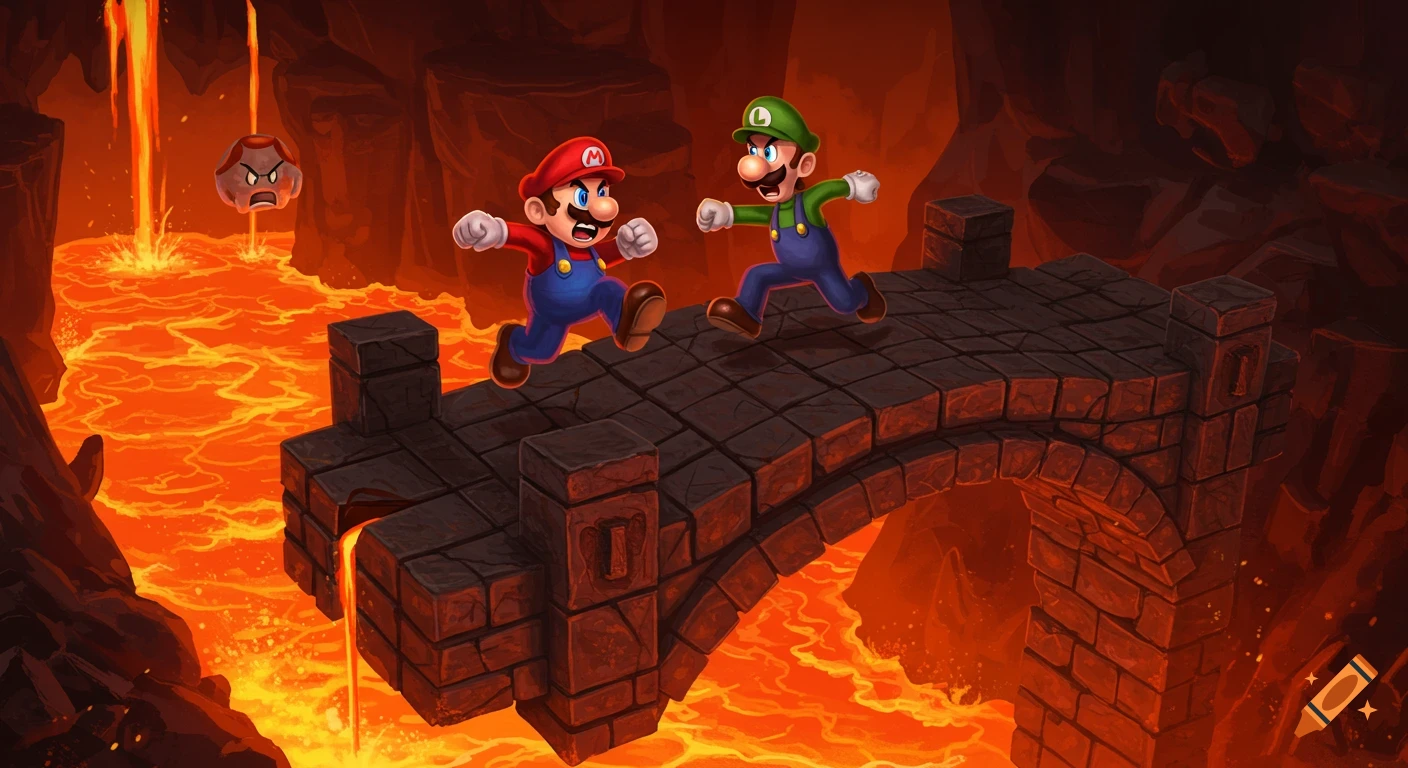 Cartoon-style Mario and Luigi running on a stone bridge above a fiery ...