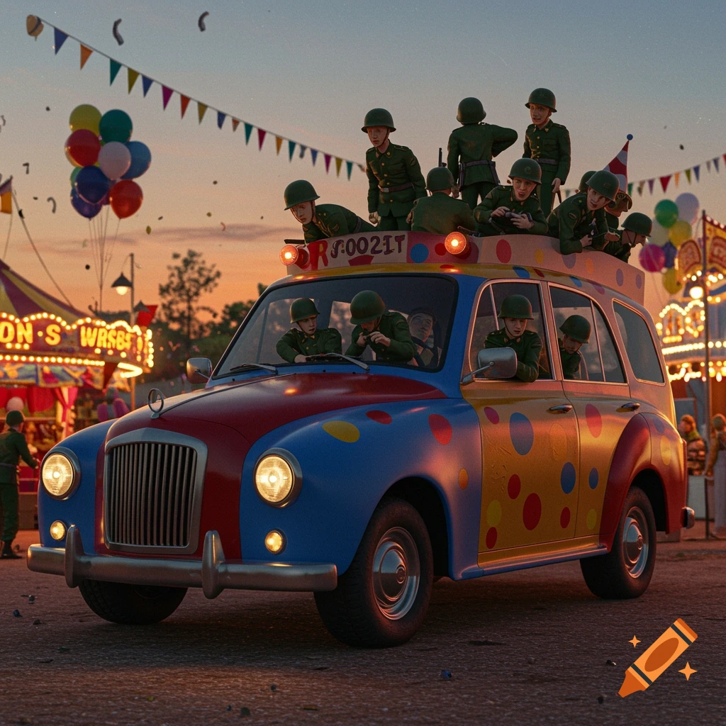 A colorful clown car, painted red, blue, and yellow with polka dots, is ...