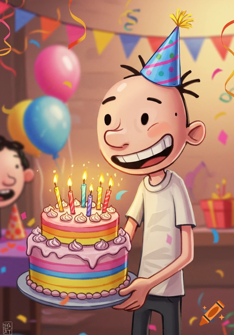 Cartoon boy with a party hat holding a colorful birthday cake with lit ...