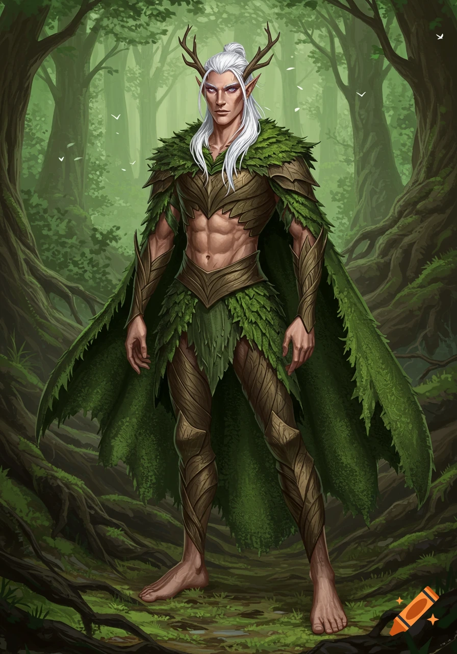 An old, white-bearded elf with large antlers, hollow eyes, and tree-like armor stands in a ...