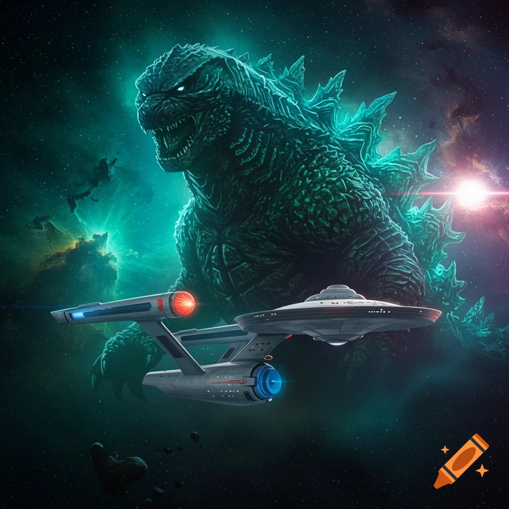 A giant green Godzilla looms in space behind a USS Enterprise spaceship ...