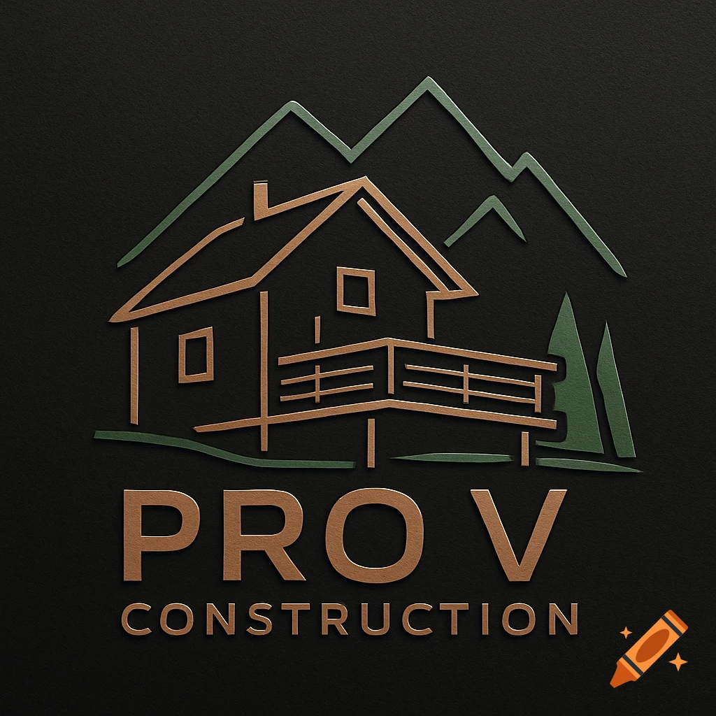 Logo for Pro V Construction with a stylized house, mountains, and trees ...