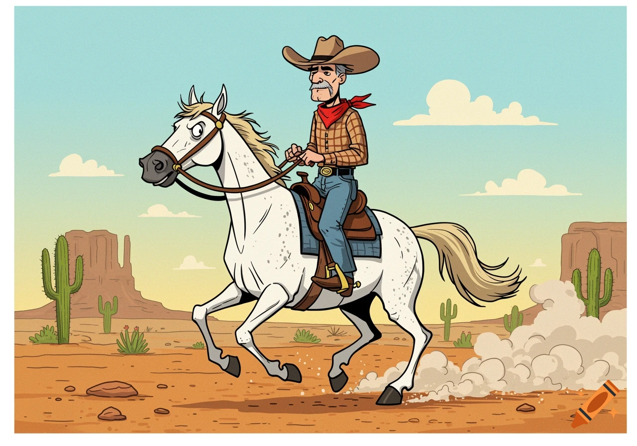 Cartoon cowboy riding a white horse through a desert landscape with ...