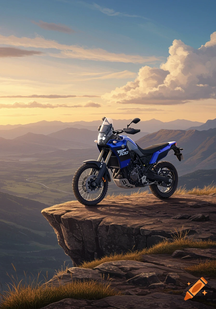 A blue and black Yamaha Tenere 700 motorcycle is parked on a rocky ...
