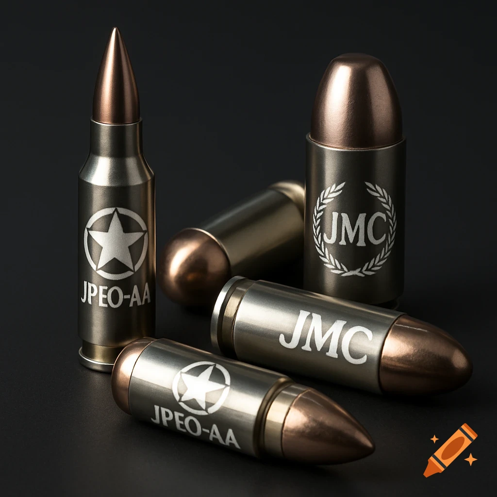 Photorealistic image of several metallic ammunition rounds with 'JPEO ...