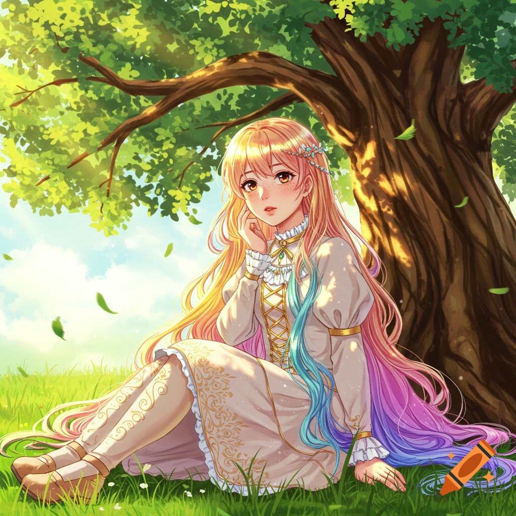 An anime girl with long, flowing rainbow hair sits peacefully under a ...