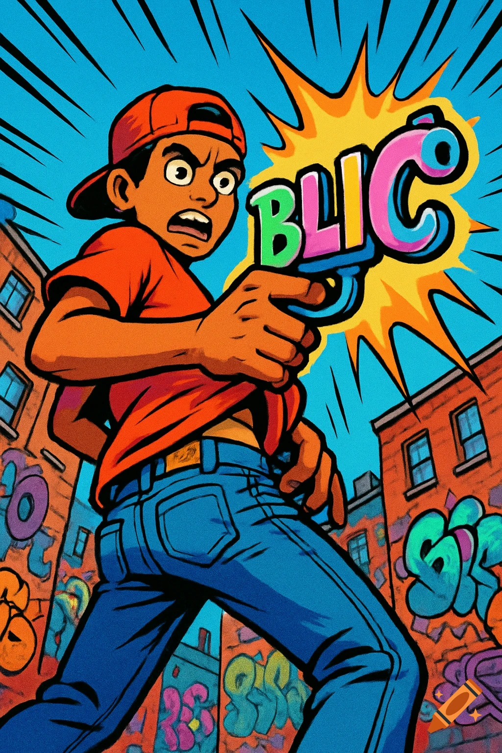 A comic book-style illustration of an angry young man in a city street ...