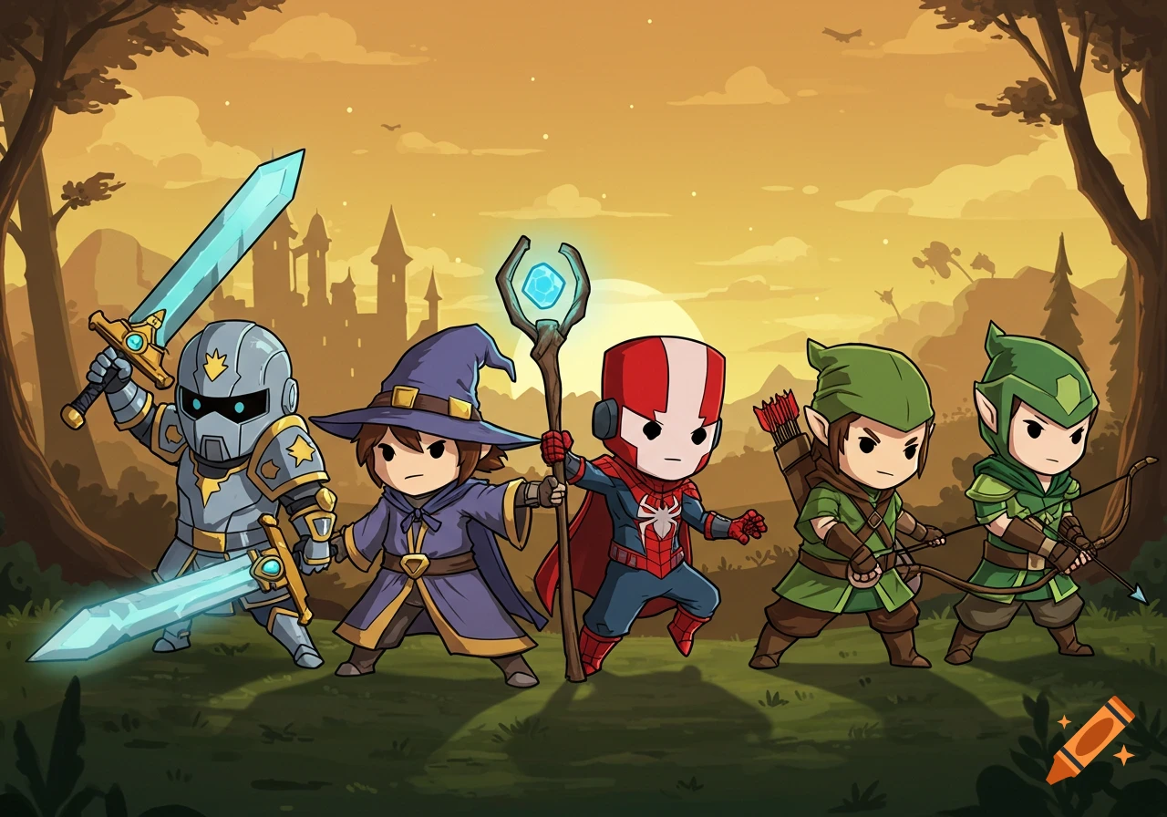 Five chibi-style fantasy and superhero characters standing in a line ...
