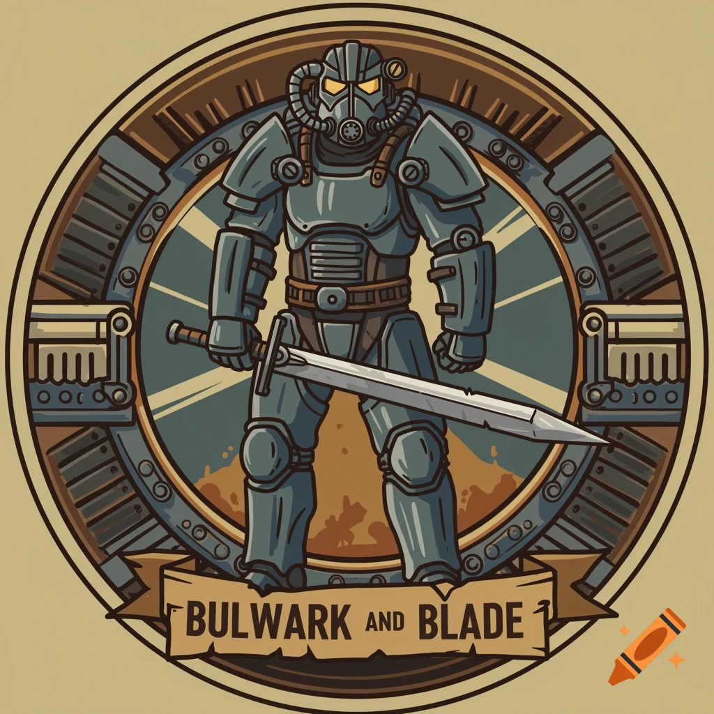 A stylized illustration of a figure in grey power armor holding a large ...
