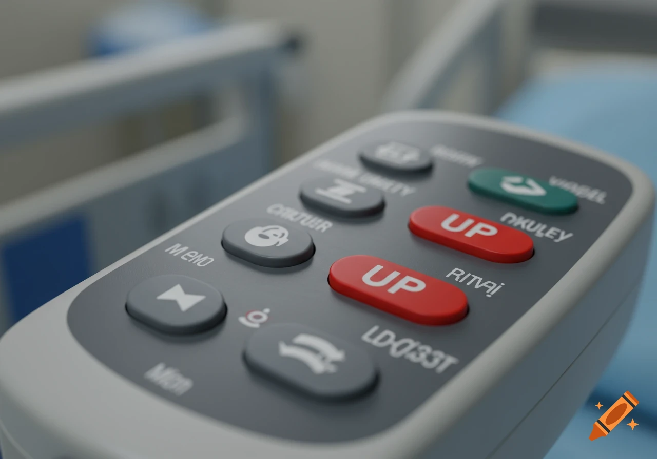 Close-up photorealistic image of a hospital bed remote control with multiple buttons, including ...