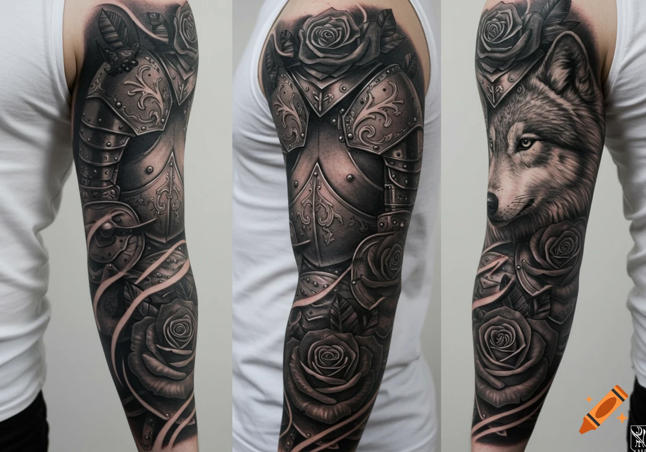Detailed black and grey tattoo sleeve featuring knight armor, a wolf ...