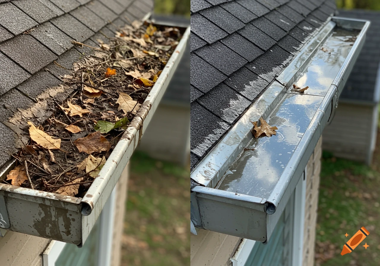 Before and after photo showing a dirty gutter filled with leaves on the ...