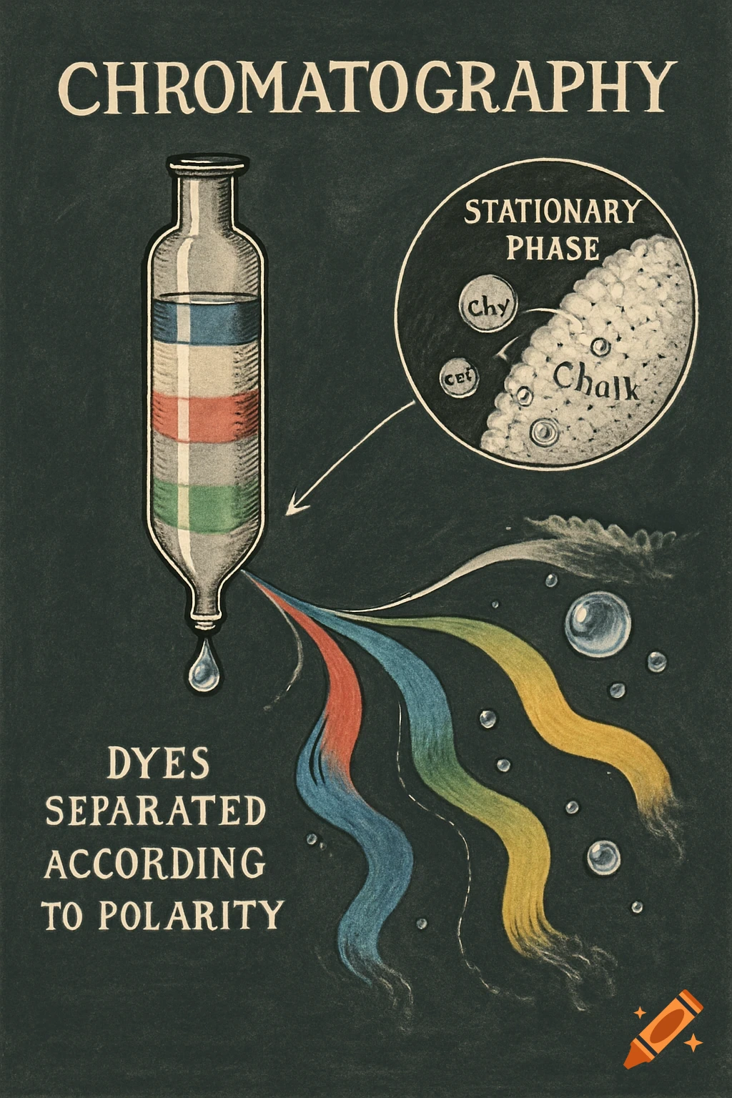 Vintage-style diagram illustrating chromatography, showing colored dyes ...