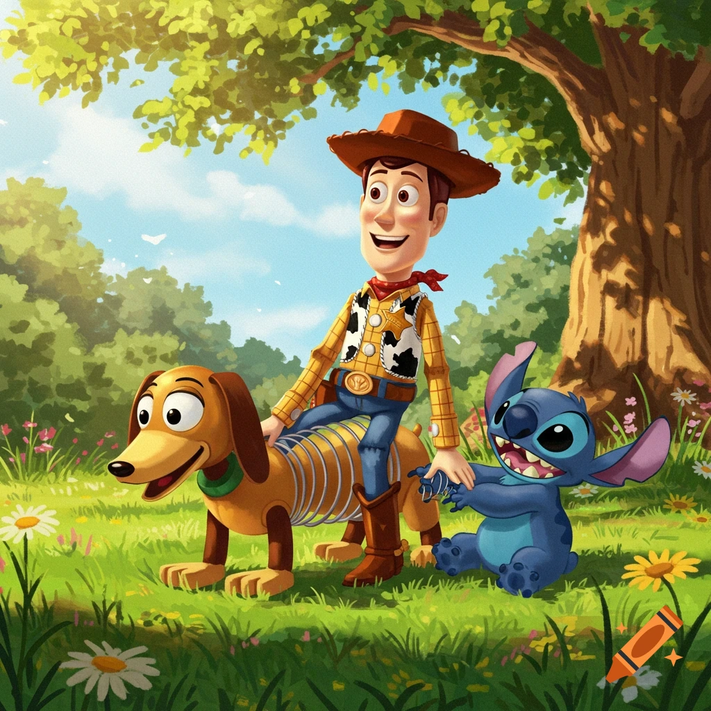 Woody from Toy Story rides Slinky Dog in a sunny, grassy field, while ...