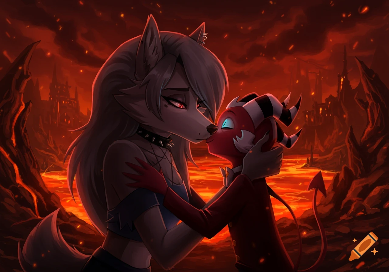 Loona, a gray wolf-like demon, and Moxxie, a small red imp, share a tender kiss in a fiery ...