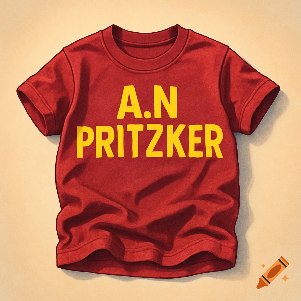 A red t-shirt with 'A.N PRITZKER' printed in bold yellow letters ...