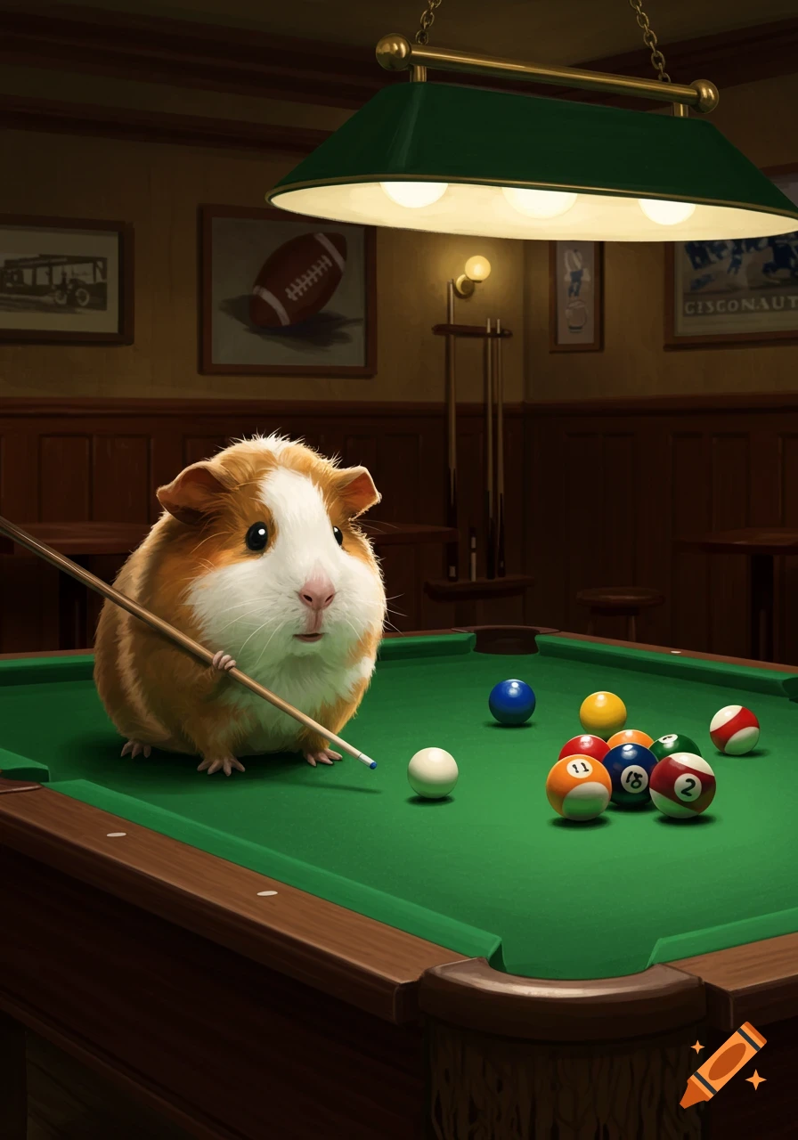 A cute tan bunny playing billiards on a green pool table in a dimly lit ...