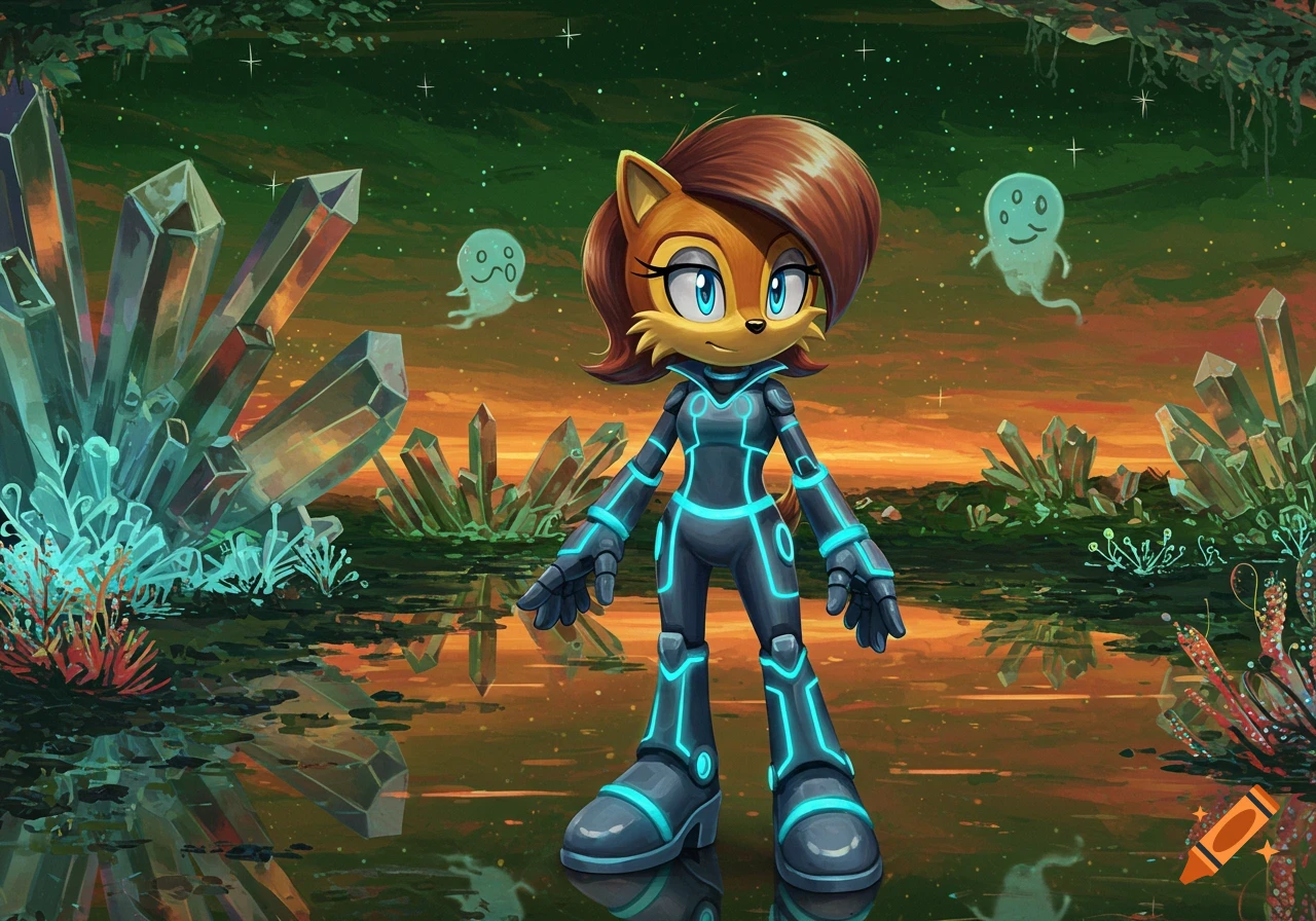 Sally Acorn in a glowing futuristic suit stands in a reflective alien ...