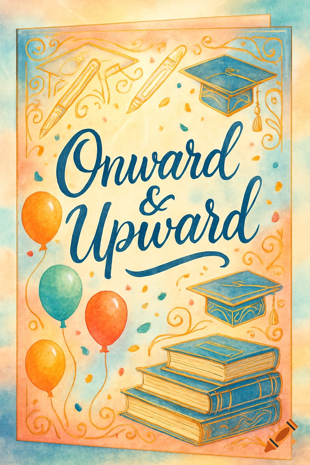 Watercolor graduation card with 'Onward & Upward' text, graduation caps ...