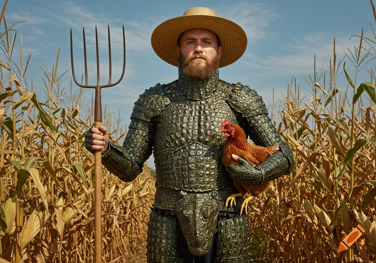 A bearded man in a straw hat and alligator armor holds a chicken and ...