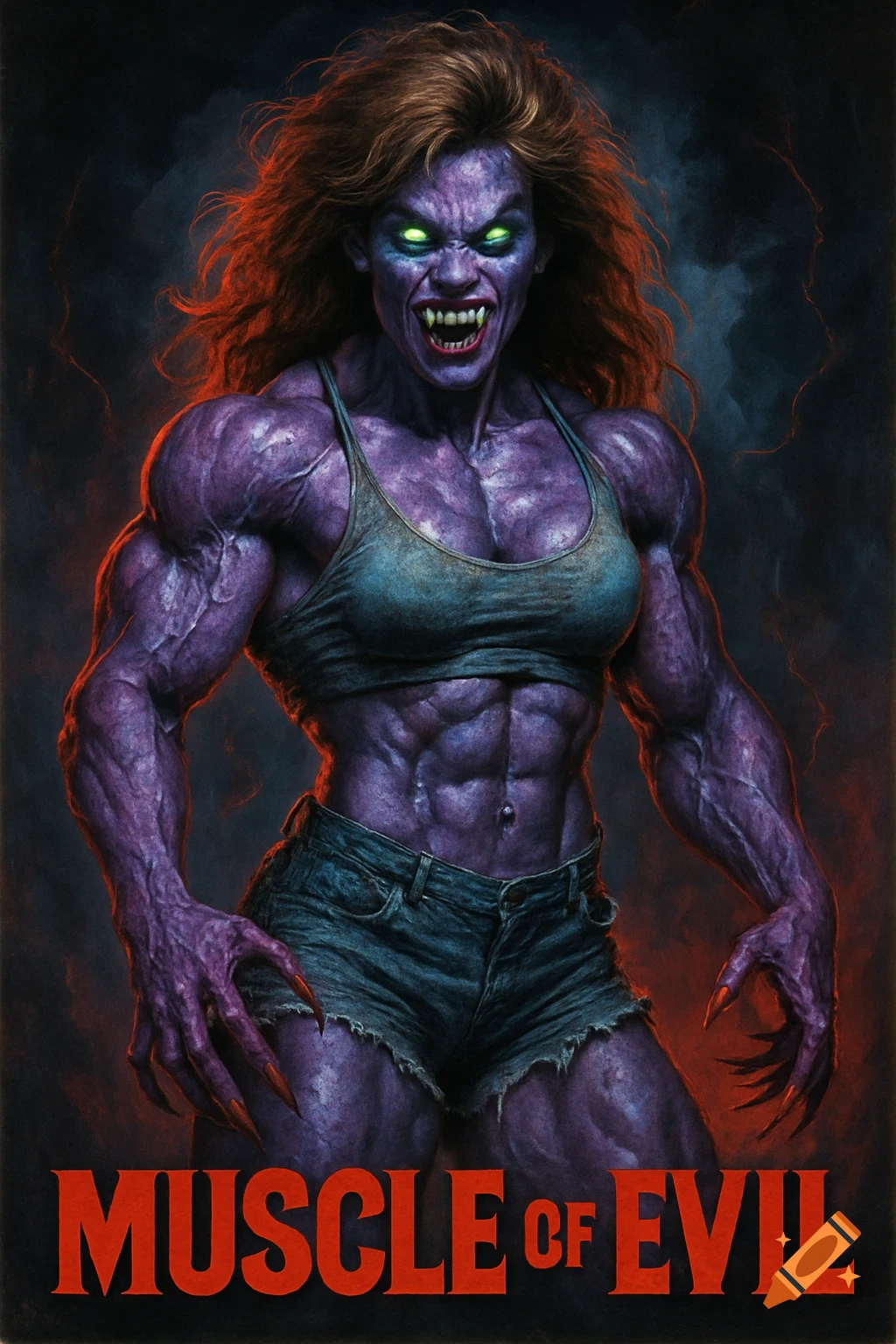 A horror movie poster featuring a purple-skinned, muscled female monster with fangs, glowing ...