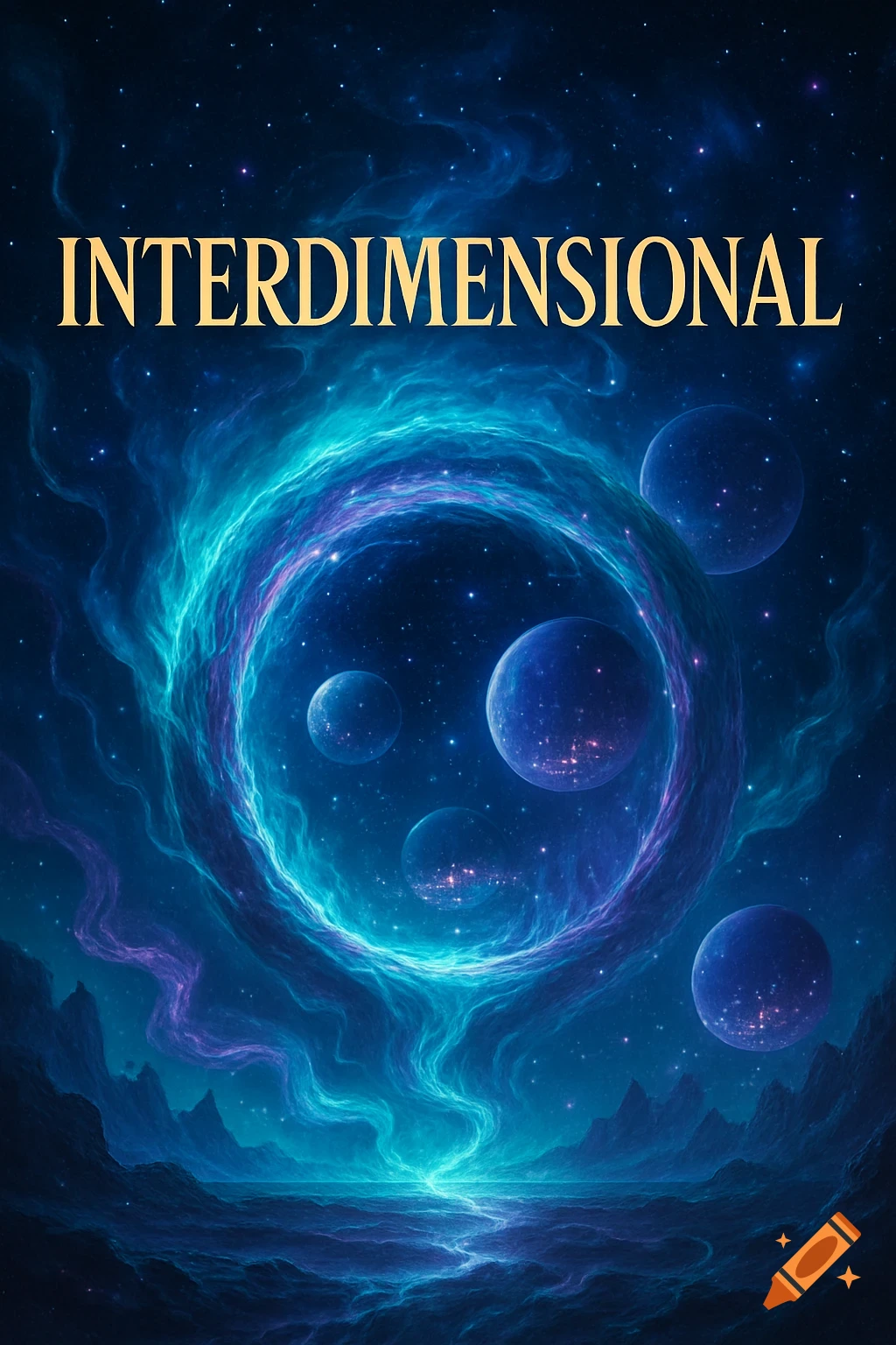 A vibrant dark blue space scene with a glowing teal and purple nebula ...