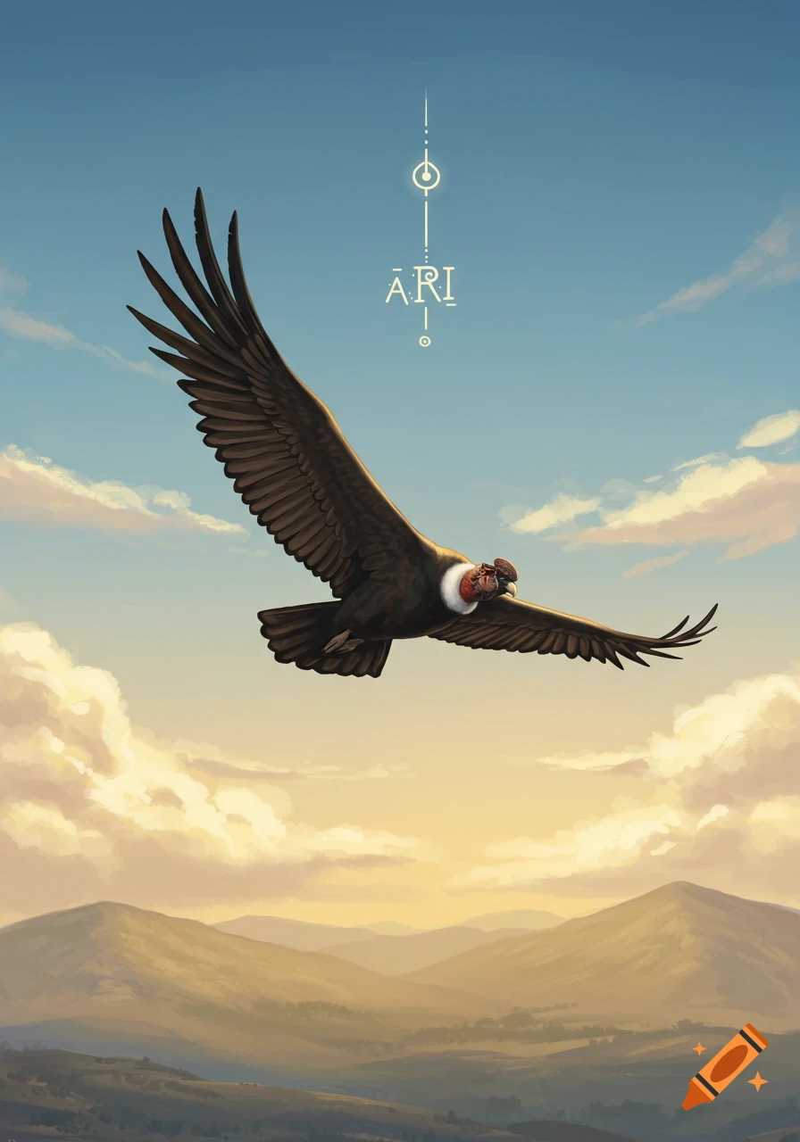 A large condor with outstretched wings soars over a layered mountain ...