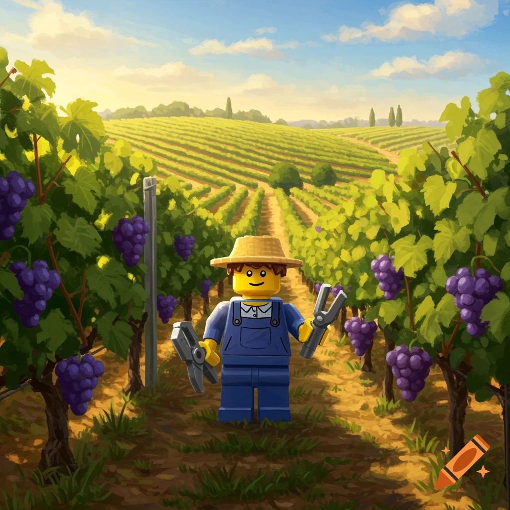A Lego character dressed as a farmer in overalls and a straw hat stands ...
