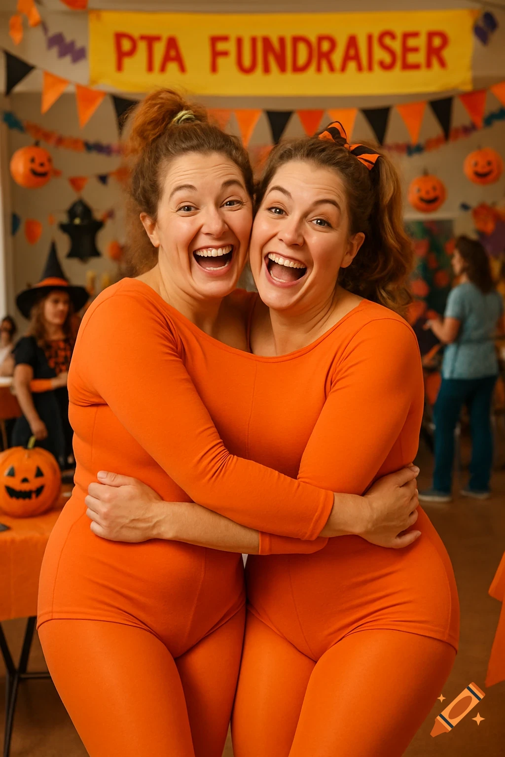 Two smiling women in orange bodysuits embracing, creating a two-headed ...