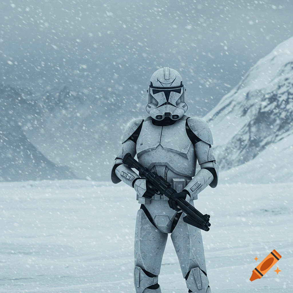A photorealistic Star Wars clone trooper stands in a blizzard with a blaster. on Craiyon