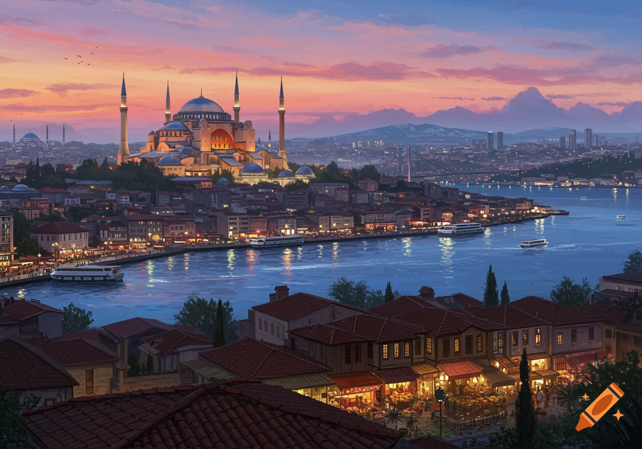 A vibrant illustrated cityscape at sunset featuring a large mosque with ...