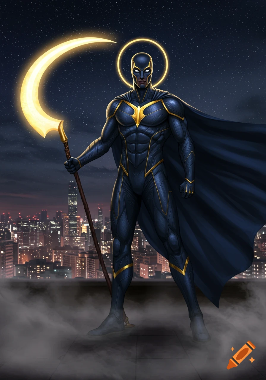 A superhero in a dark blue and gold suit with a cape and glowing halo ...