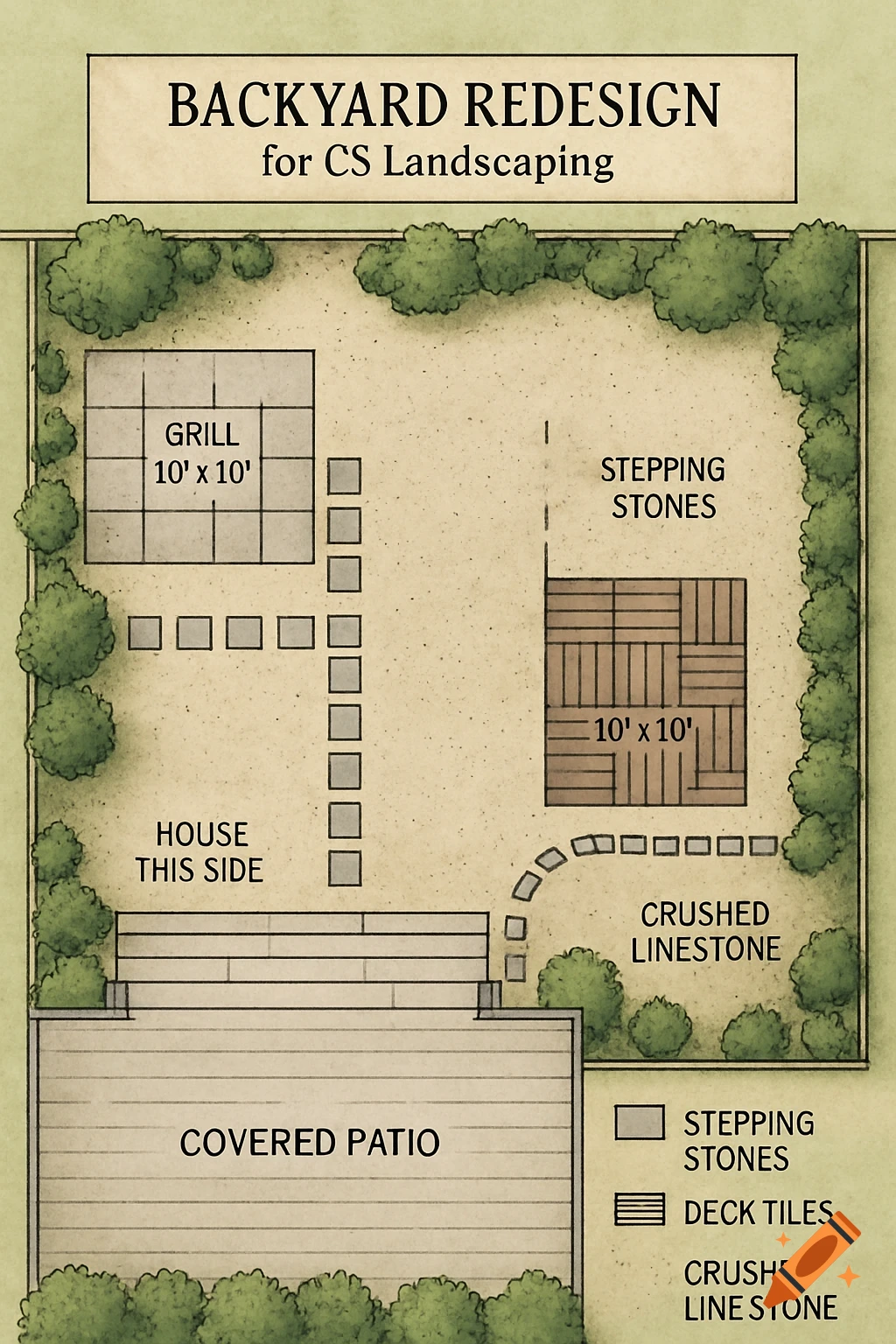 A top-down blueprint-style diagram of a backyard redesign, showing a ...