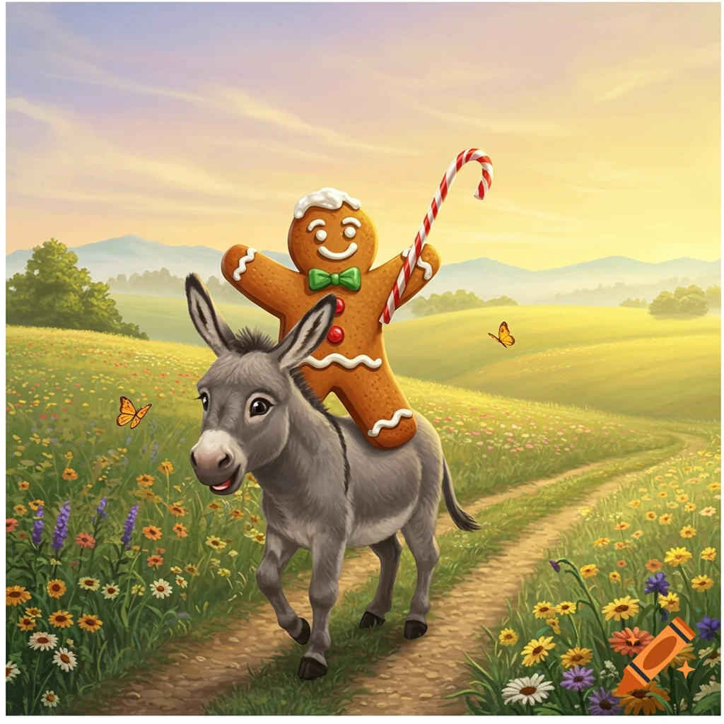 A smiling gingerbread man riding a donkey through a colorful wildflower ...