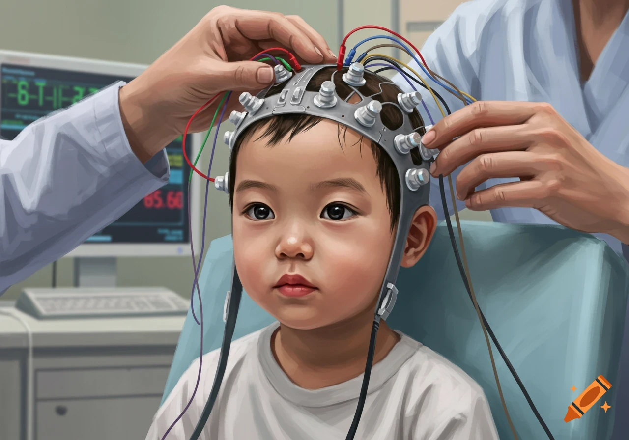 Illustration of a Child With an Eeg Cap Being Placed on Their Head in a ...