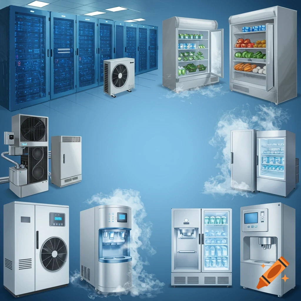 Illustration of diverse cooling and refrigeration units, including data ...