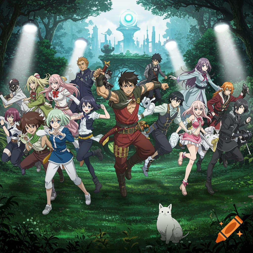 A large group of diverse anime characters run through a lush green ...