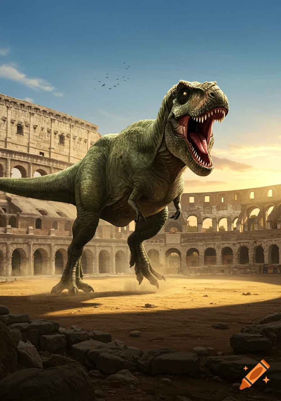 A large, green Tyrannosaurus Rex roars and kicks up dust inside the ...