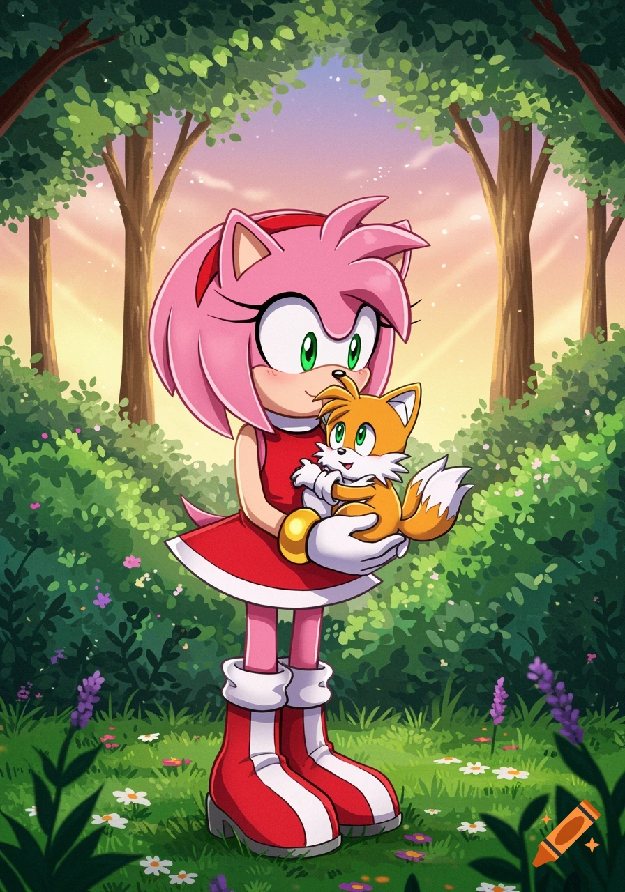 Amy Rose in a red dress cradles baby Tails in her arms, standing in a ...