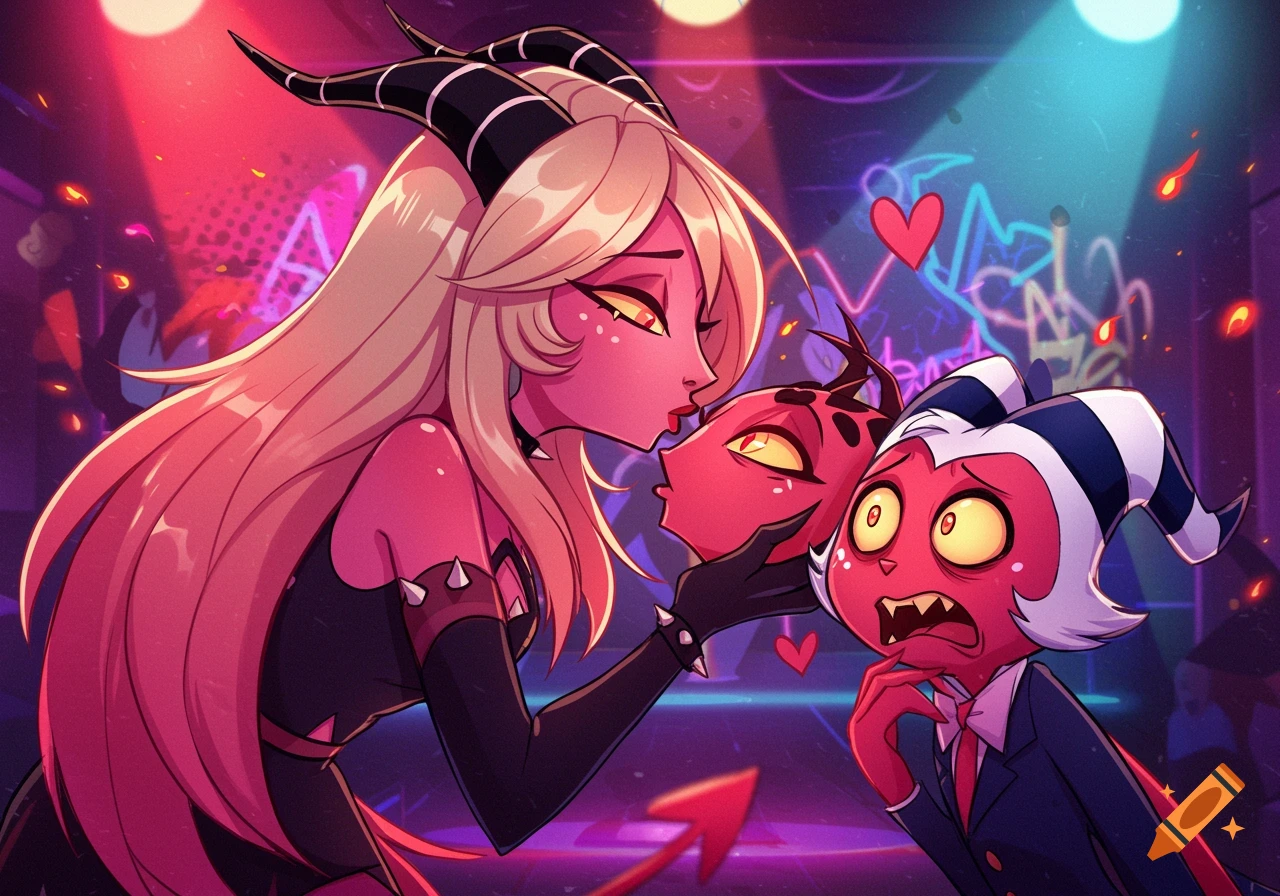 Anime style illustration of blonde demon Verosika Mayday kissing red ...