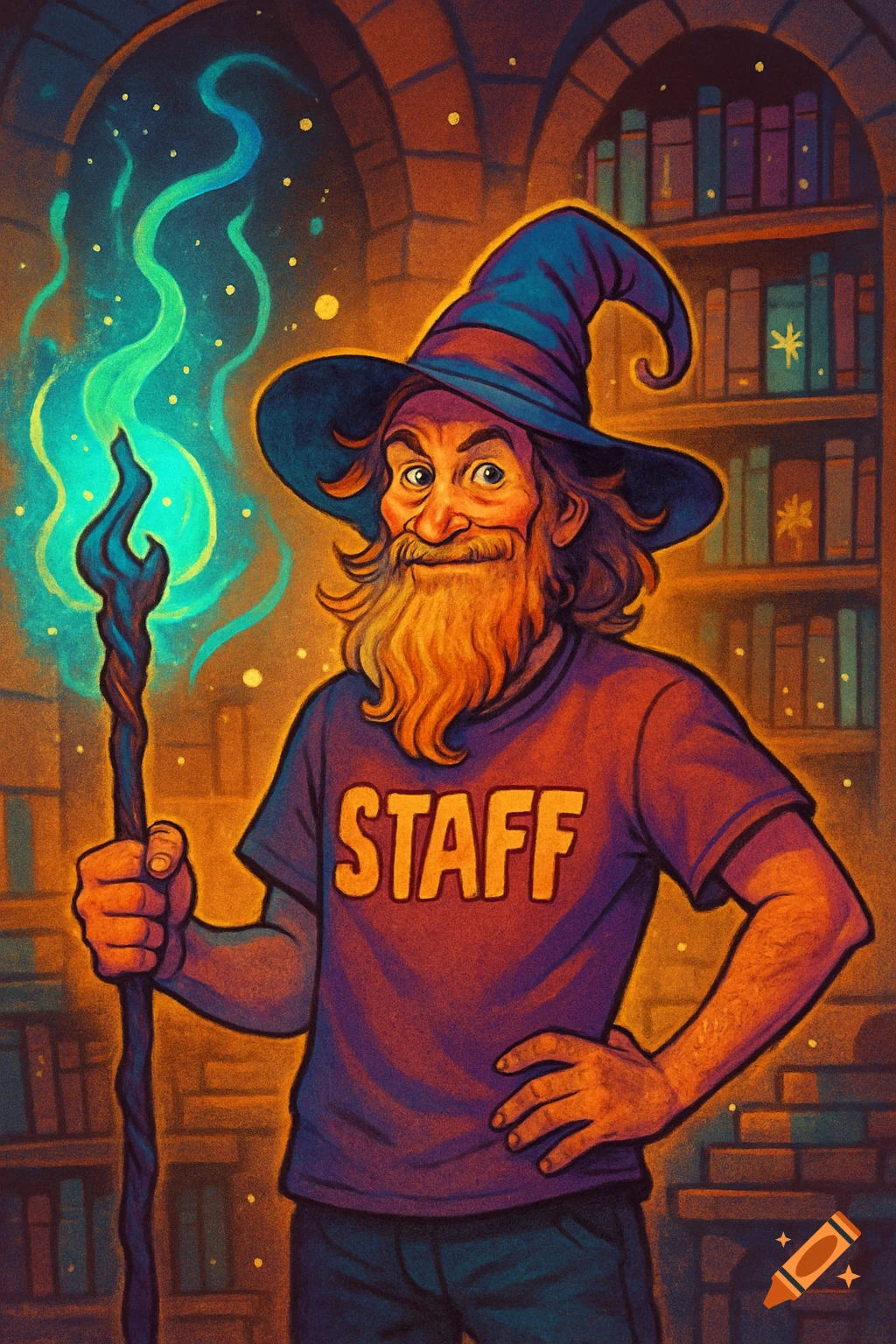 A friendly, bearded wizard in a blue hat and 'STAFF' t-shirt holds a ...