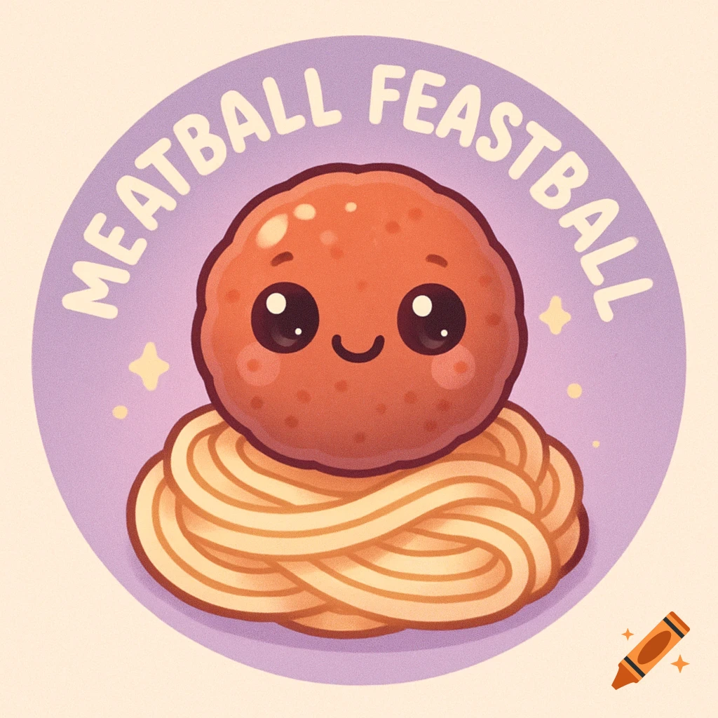 A kawaii cartoon meatball with a happy face sits on a pile of spaghetti ...