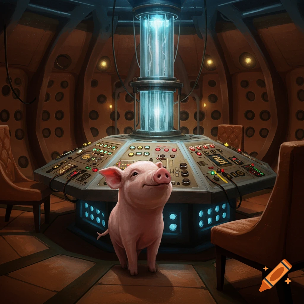 A small, smiling pink pig stands inside the TARDIS control room ...