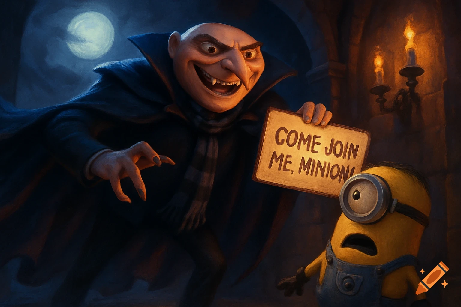 Gru dressed as a vampire holds a sign that says "COME JOIN ME, MINION ...