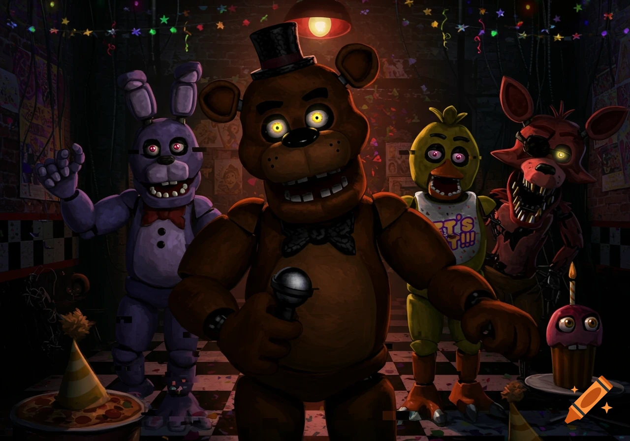 Four Five Nights at Freddy's animatronic characters, Freddy, Bonnie, Chica, and Foxy, in a dark ...
