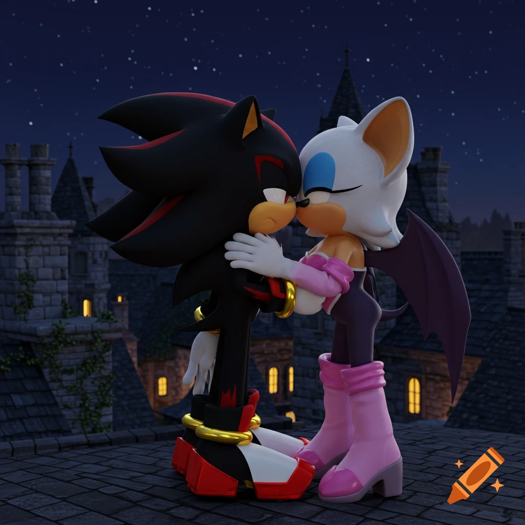 Shadow the Hedgehog and Rouge the Bat share a tender kiss on a rooftop at night in a 3D render ...