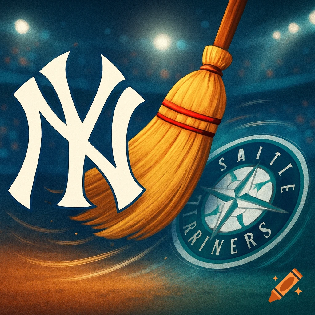 Yankees 'NY' logo and a broom sweeping a stylized Seattle Mariners ...