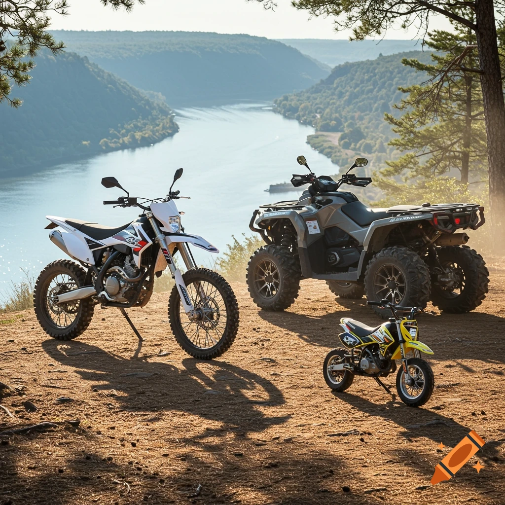 Photorealistic image of a white dirt bike, a grey ATV, and a yellow ...