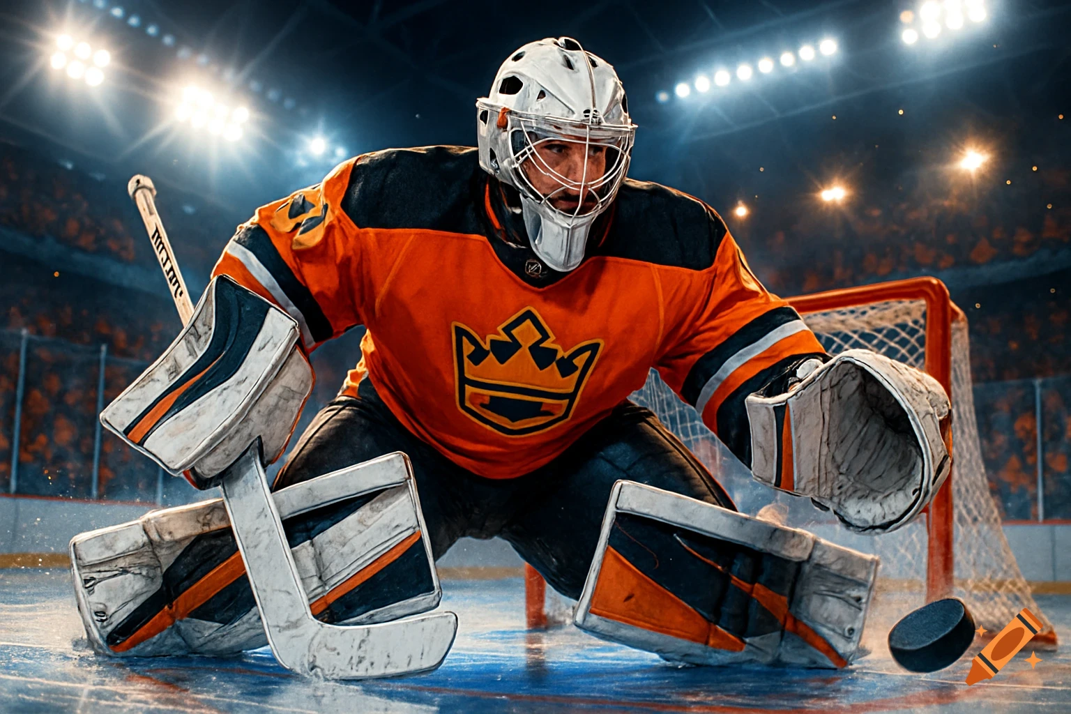 A photorealistic image of a hockey player in a white, blue, and red ...